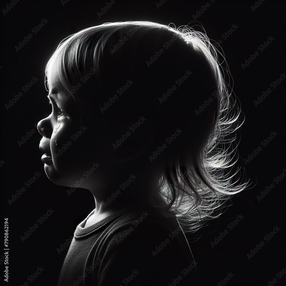 Black background Rim light a child crying in profile photography, with ...