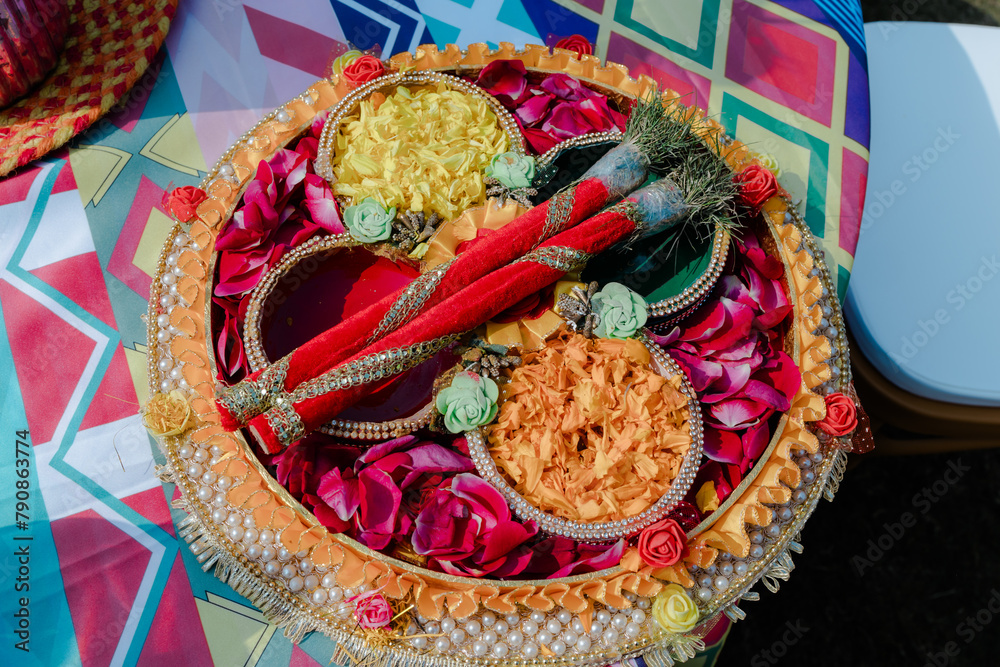 Traditional puja thali - plate for the ritual ceremony with kumkum ...