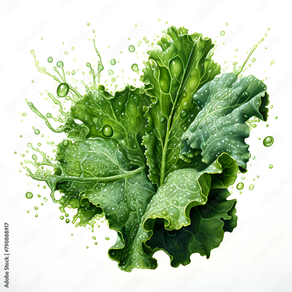 Kale cut, floating in wavy water, Top view, vegetable, watercolor ...