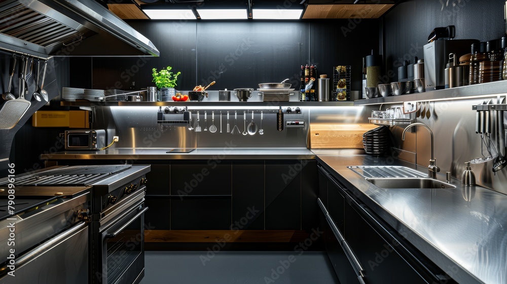Industrial kitchen featuring stainless steel elements and dark matte ...