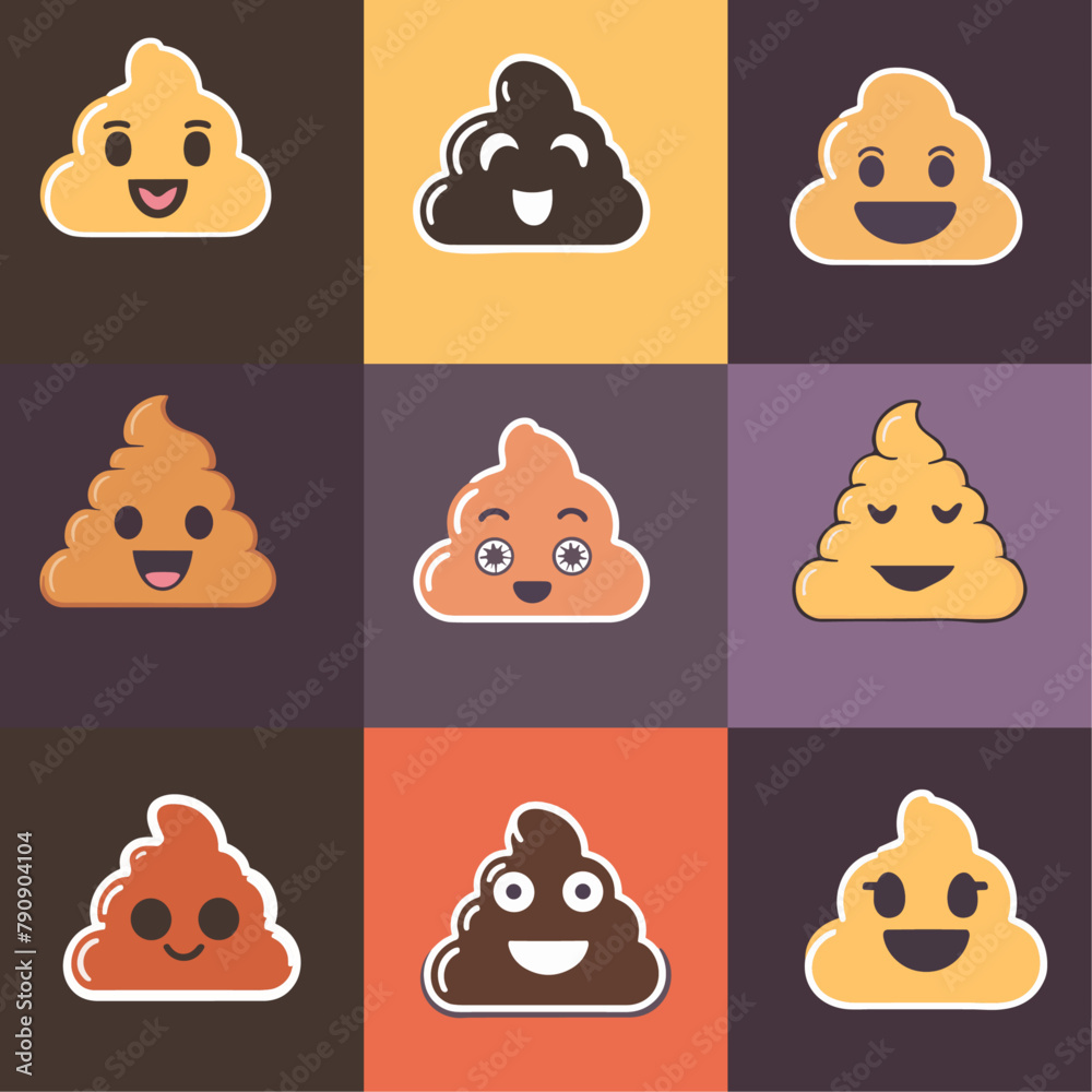 Different colored cartoon emoticons of poop emoji set with smiley face ...