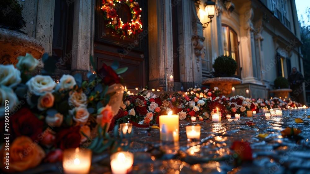 Roses and candles on wet street. Method of honoring the memory of ...