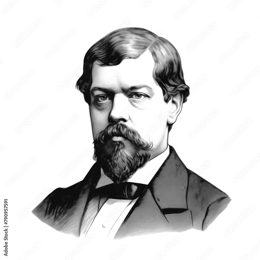 Black and white vintage engraving, close-up headshot portrait of Claude Debussy, the famous ...
