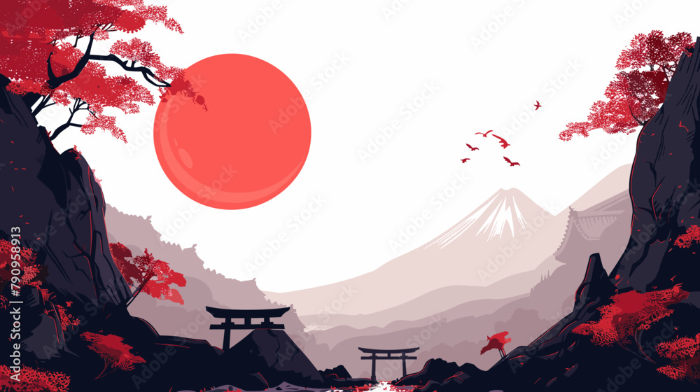 japanese landscape with mountains sun and sakura copy space empty ...