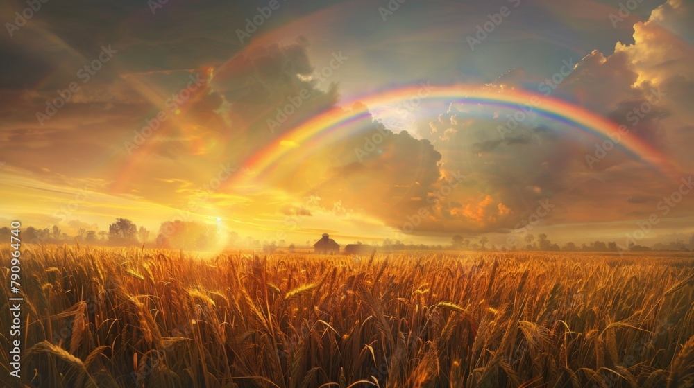 A rainbow appearing over a field of golden wheat, with farmers working ...