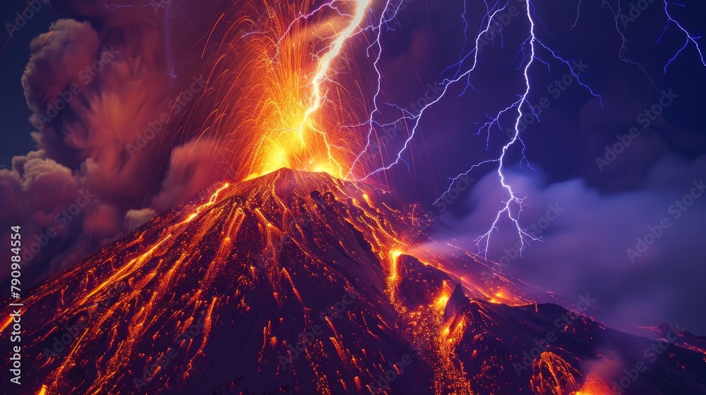 A volcanic lightning storm illuminating the night sky above an erupting ...
