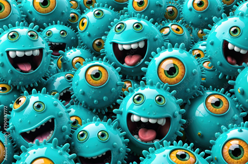 Group of cartoon monsters. Funny smiling microbes. Microorganisms ...