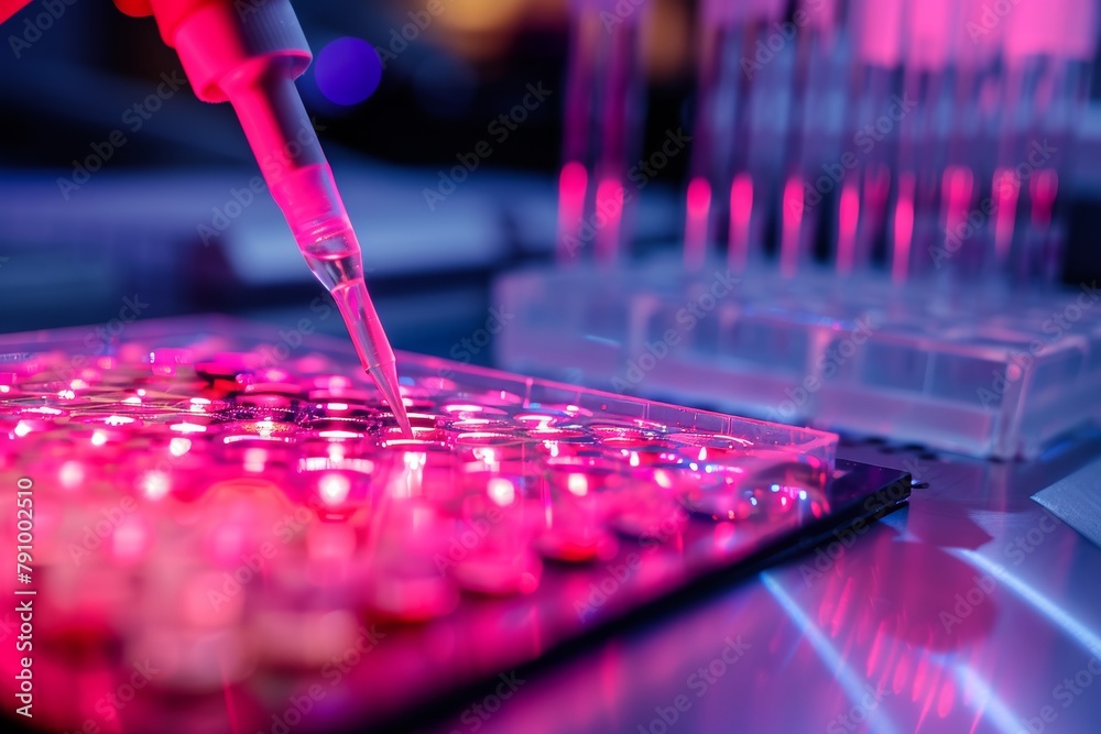 Scientist pipetting medical samples into microplate in laboratory ...