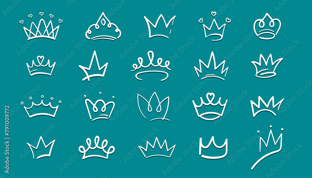 Set of doodle hand drawn white Crown logo graffiti icon. Simple Line ...
