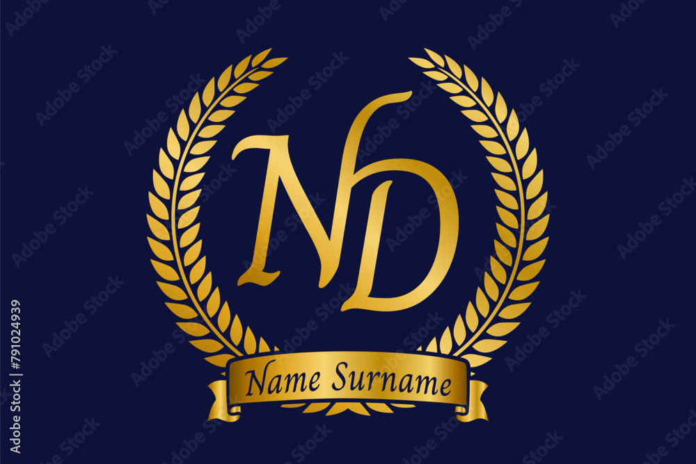 Initial letter N and D, ND monogram logo design with laurel wreath ...