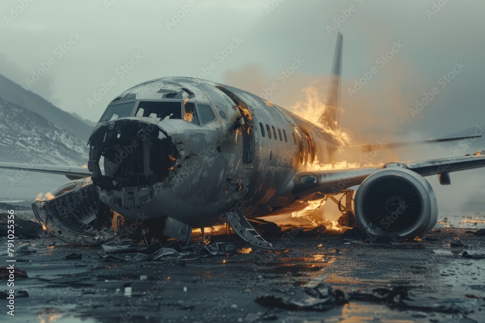 Plane crash airplane on runway catastrophe burning wrecks engine fire ...