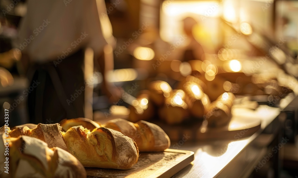 Bustling artisan bakery kitchen with focus on foreground wooden ...