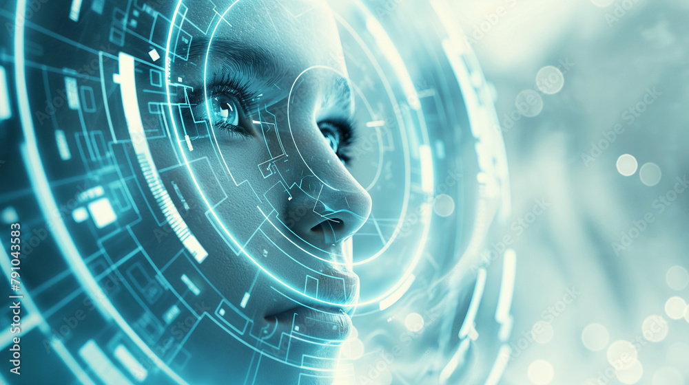 Profile of woman's face with an overlay of digital data in a circular ...