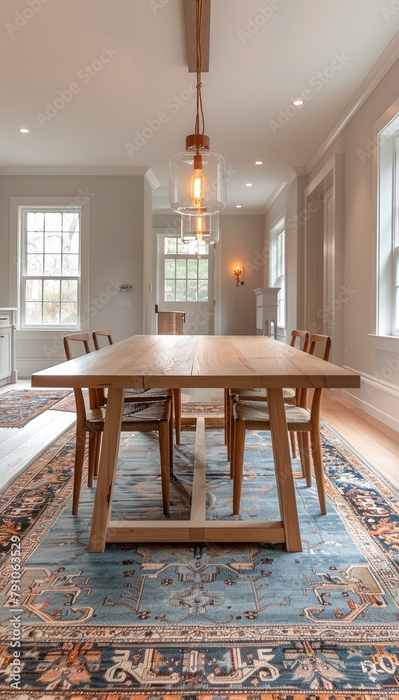 a minimalist white oak wood dining table placed in the empty dining ...