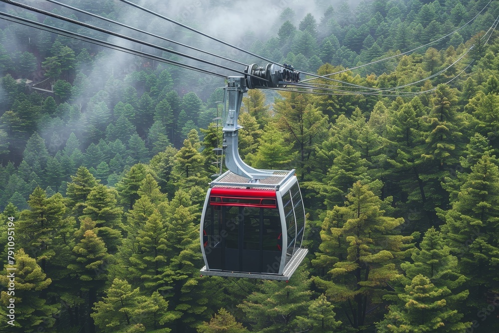 Third image depicts a cable car ascending amidst the mist covered ...