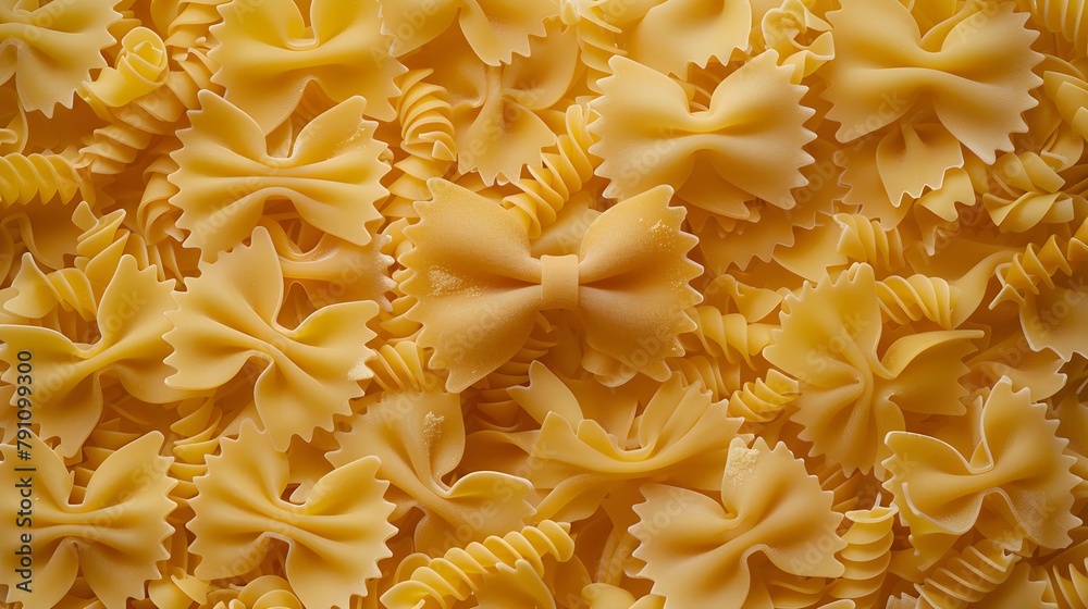 Different types of dry pasta, fusilli, spaghetti, bows, orecchiette ...