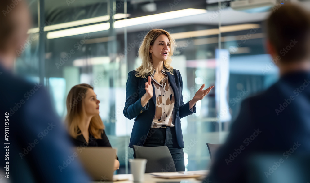 Confident woman gives presentation to group, gesturing with enthusiasm ...