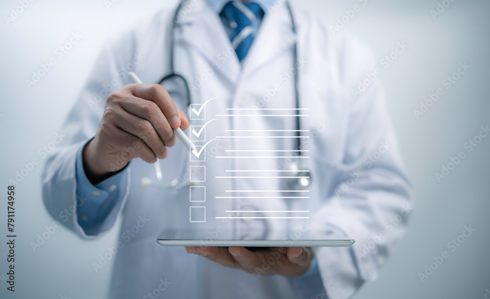 Check list concept.Medical worker with online checklist survey, filling ...