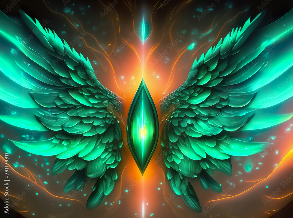 Angelic abstract motif in emerald gold color. Background colors with ...