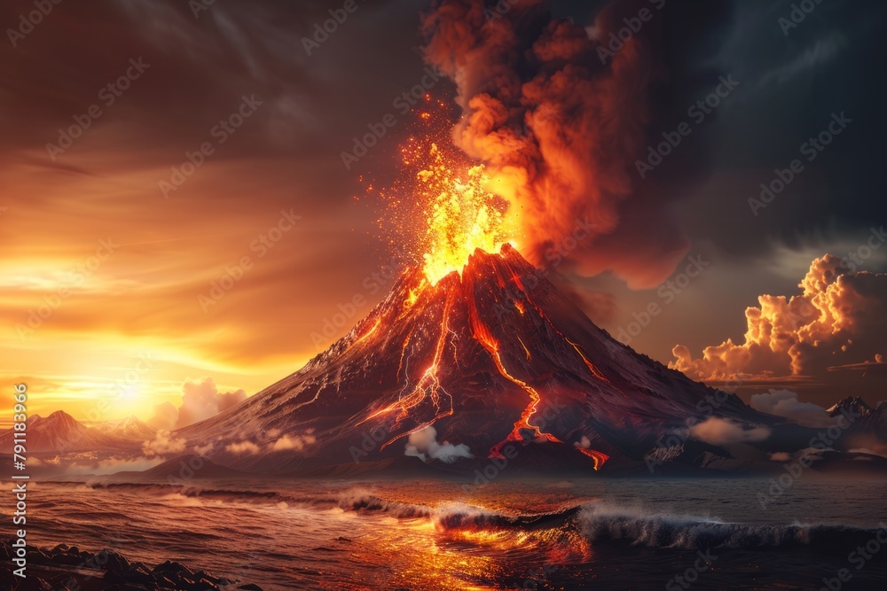 Volcanic eruption volcano erupting with smoke ashes old mountain peak ...