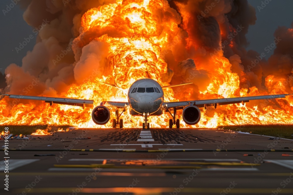 Plane crash airplane on runway catastrophe burning wrecks engine fire ...