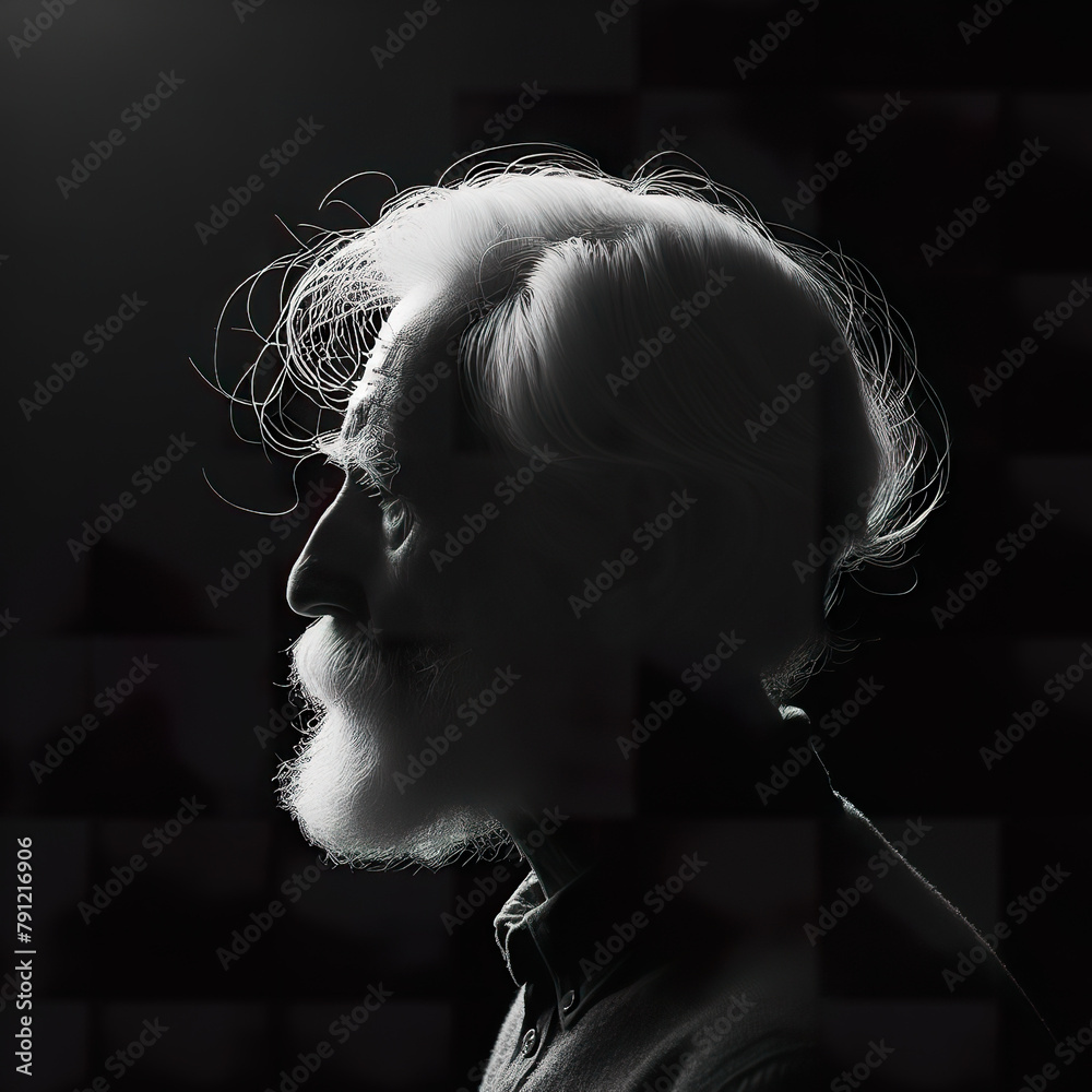 Black background Rim light old sad man in profile photography, with the ...