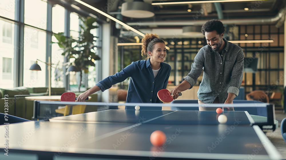Two people playing ping pong in a room. One is smiling. The other is ...