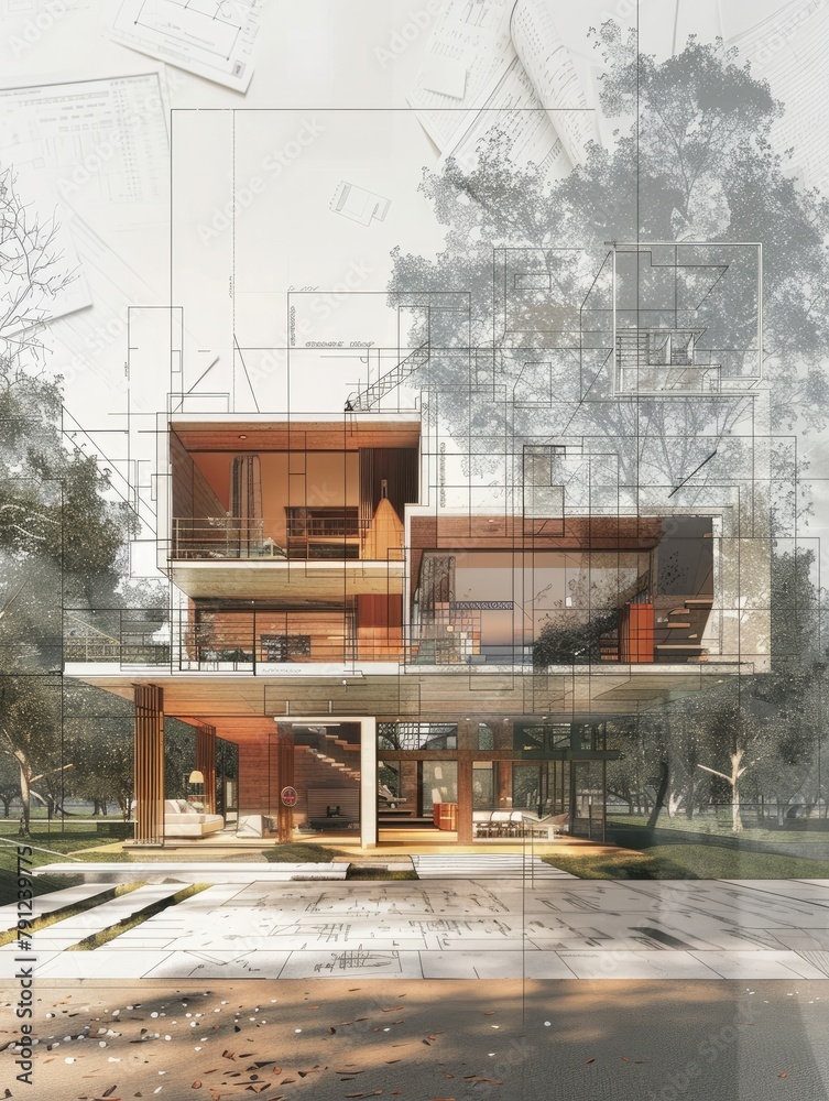 Ilustración de Stock Architectural blueprint over modern home facade ...