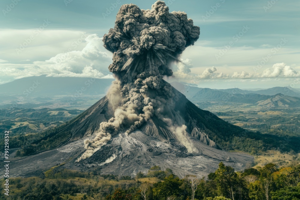 Volcanic eruption volcano erupting with smoke ashes old mountain peak ...