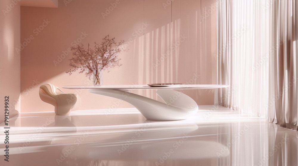 Minimalist interior design in peach and white color palette with large ...