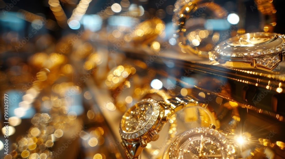 Defocused shimmering gems and glinting gold watches create an opulent ...
