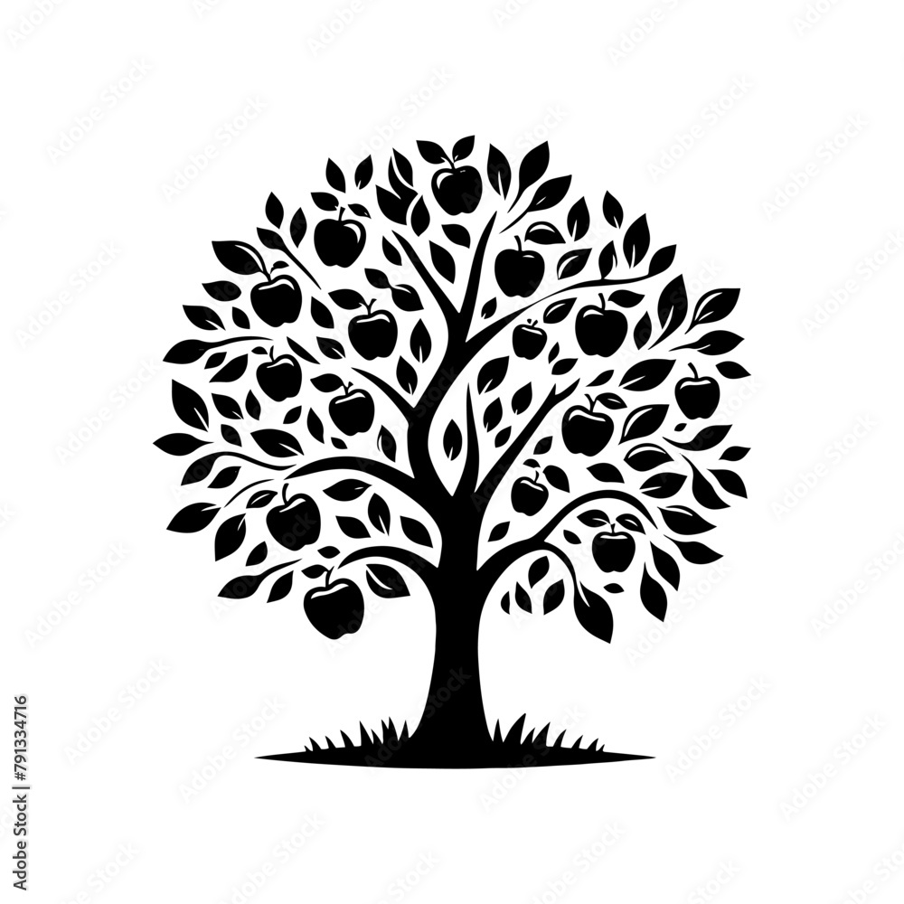 Black Vector Apple Tree Silhouette, a Moonlit Dance of Nature's Bounty- Apple Tree Illustration ...