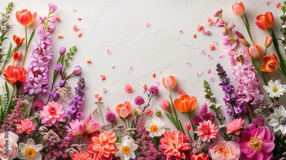 Floral background. Spring flowers frame with tulips, daffodils ...
