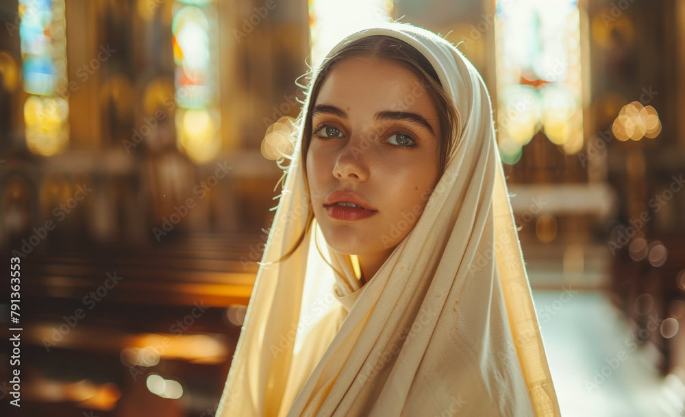 Beautiful young nun prays in the church and sun shines through the ...