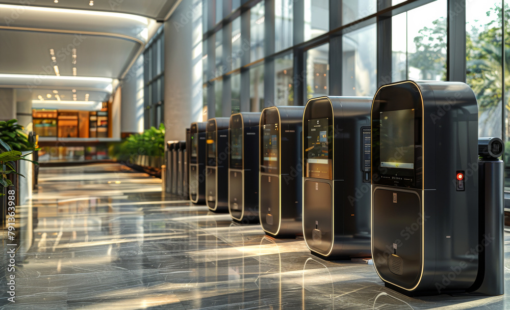 Self-service check-in machines in the lobby of modern hotel. A modern ...