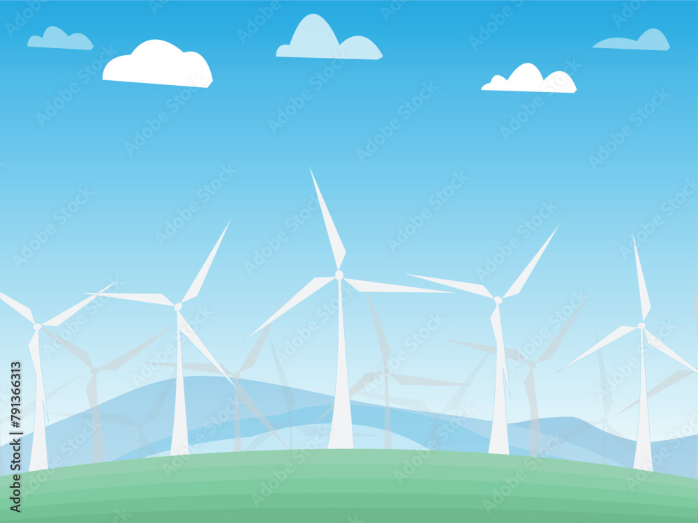 Wind power plant and energy factory. Wind turbines. Green energy ...