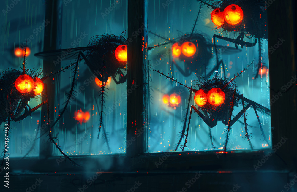 Dead mosquitoes stuck in the window. Giant insects invade the building ...