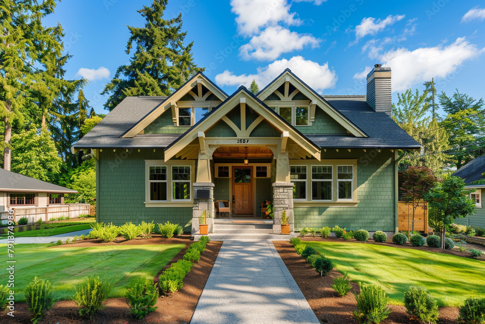 A charming forest green cottage craftsman style home, newly built, with ...