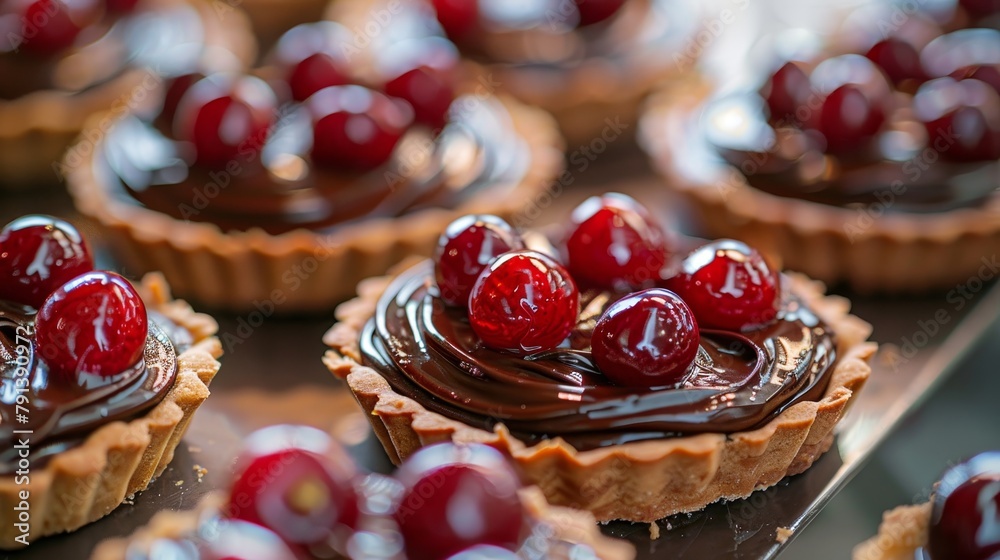 High-definition close-up of a chocolate and cherry tart in a bakery ...