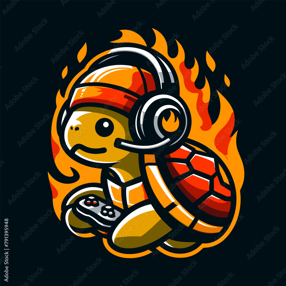 Turtle as Gamer, Cute Character Mascot Logo Design Concept, Wearing Headphones and Hold Game ...