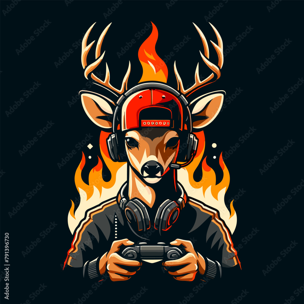 Deer as Gamer, Cute Character Mascot Logo Design Concept, Wearing Headphones and Hold Game ...
