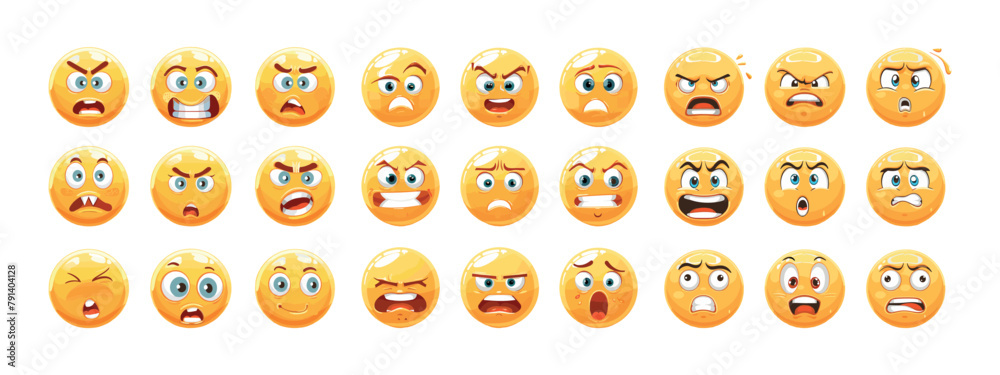 Yellow emoji cartoon vector set. Anger irritation rage smile rabies ...