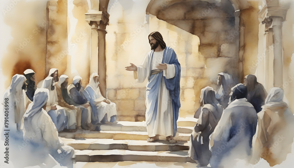 Watercolor painting of Jesus Christ visiting the Temple at Jerusalem ...