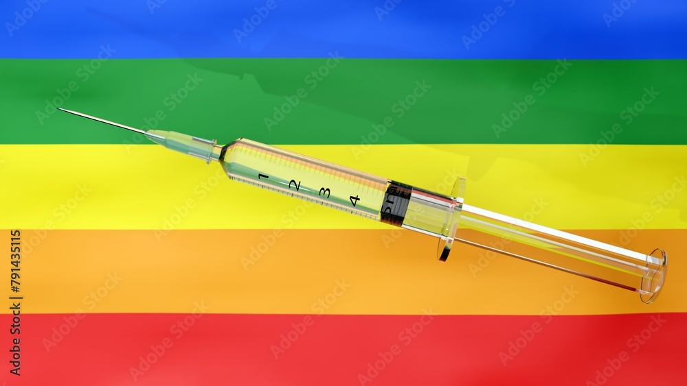 3d rendering of syringe laying on a rainbow flag. The syringes are ...