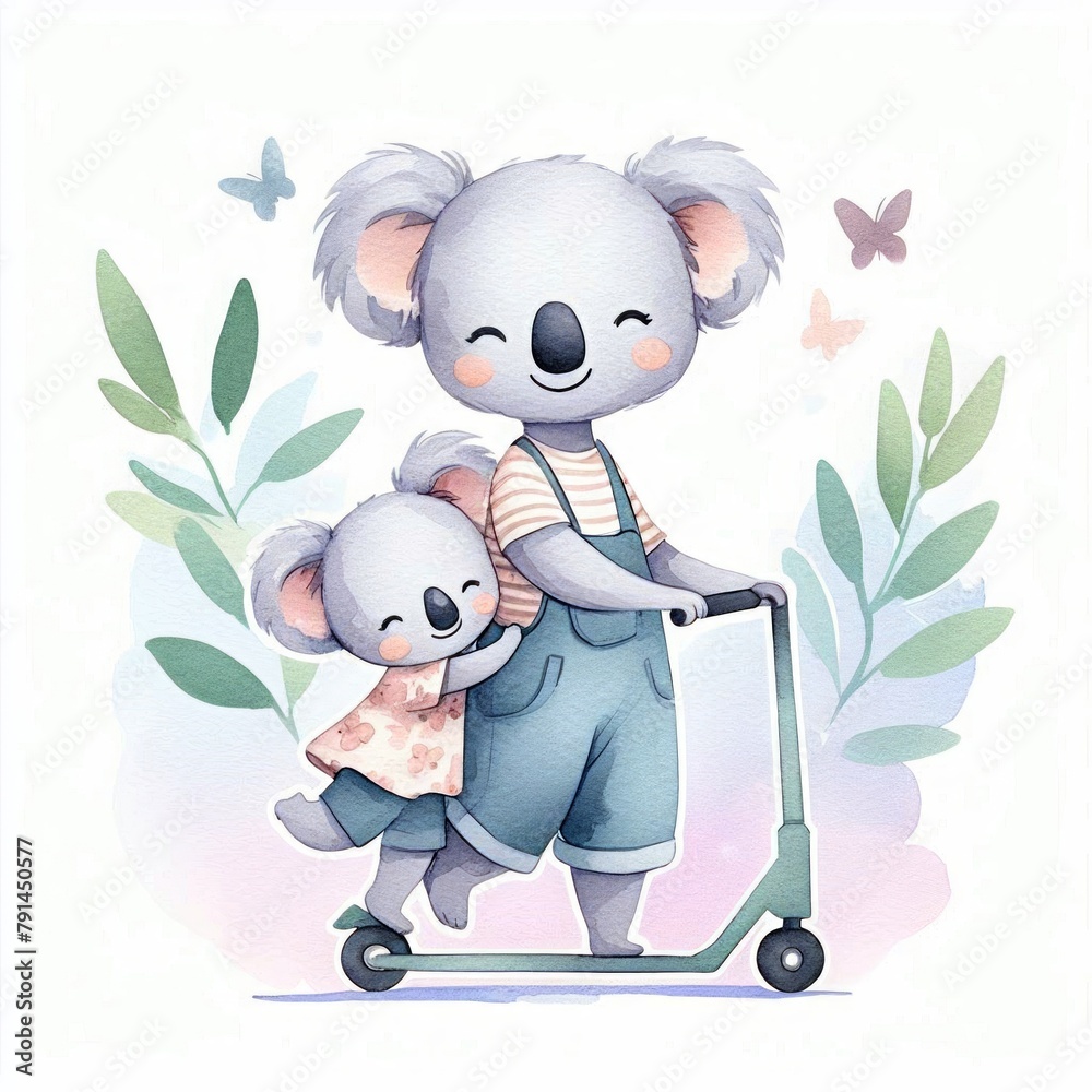 Koala Mom and Son ride scooter, Watercolor Mother's Day Clip Art ...