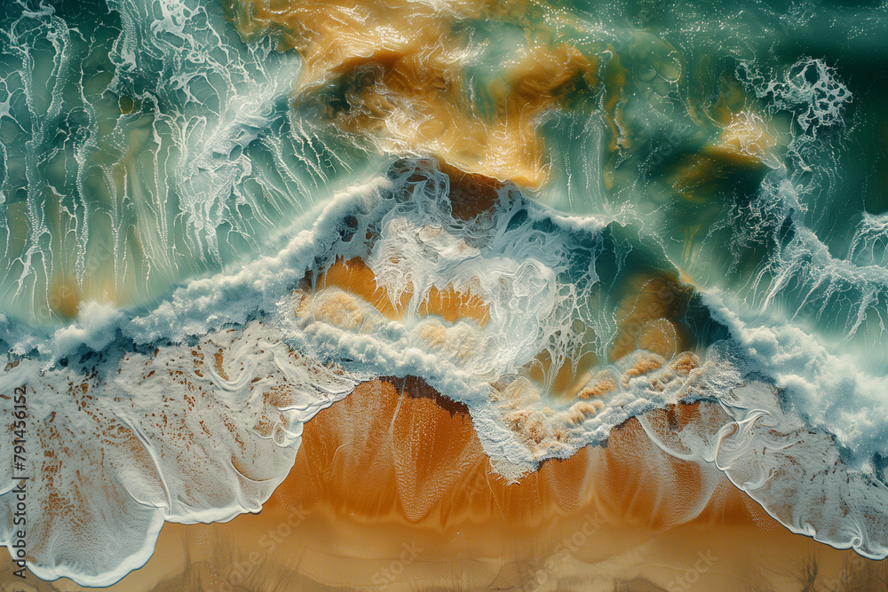 An aerial view of an ocean scene with abstract interpretations of waves ...