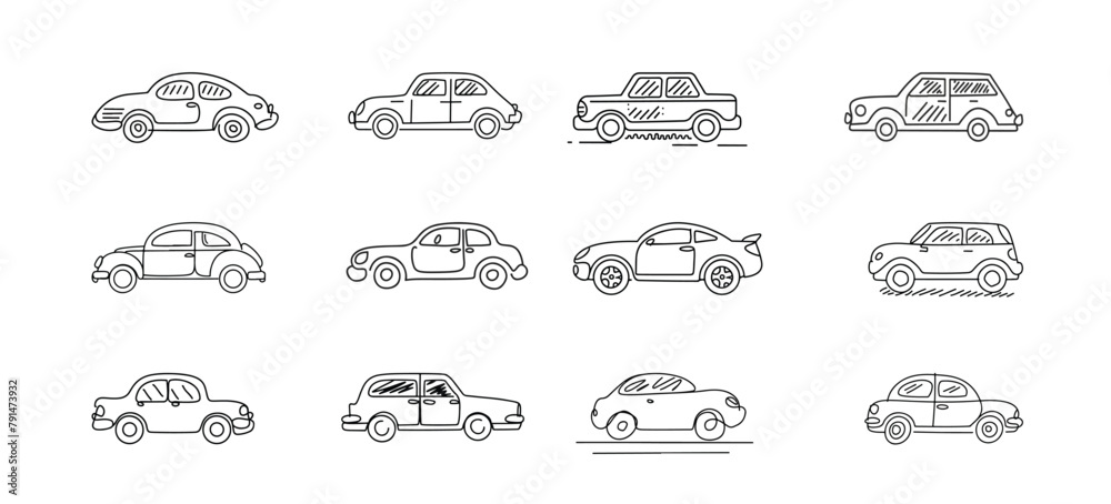 Car icon set in linear style., Vehicle outline sketch illustration ...