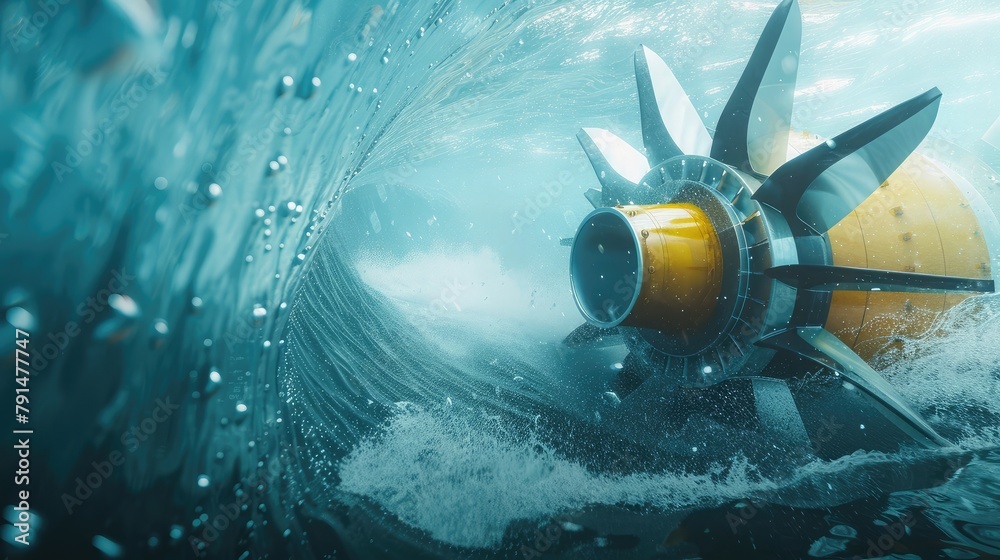 dynamic shot of a tidal energy turbine in action, harnessing the power ...