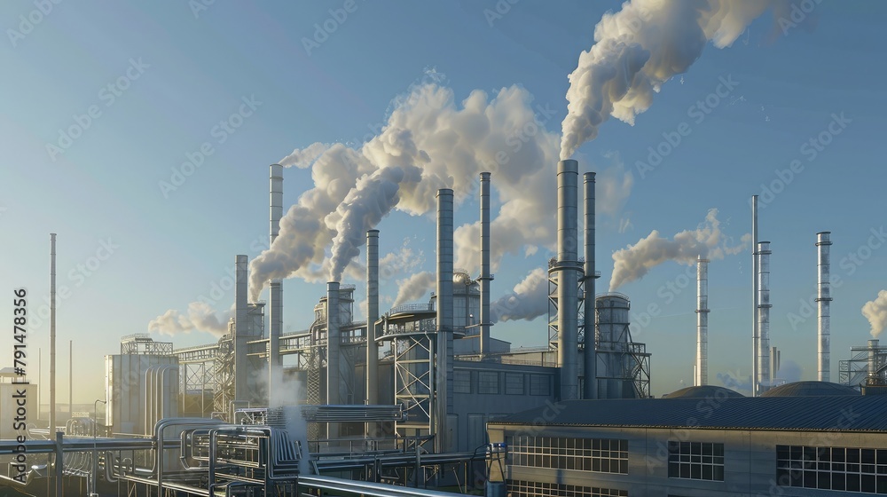 industrial facility with smokestacks fitted with carbon capture ...
