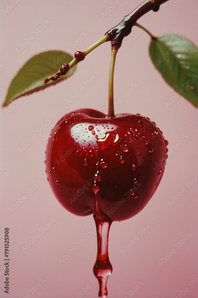 Highly detailed image of a single red cherry with juice dripping down ...